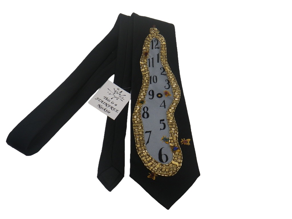 Black Silk Necktie with Gold Melting Clock & Flies, Salvador Dali style ...