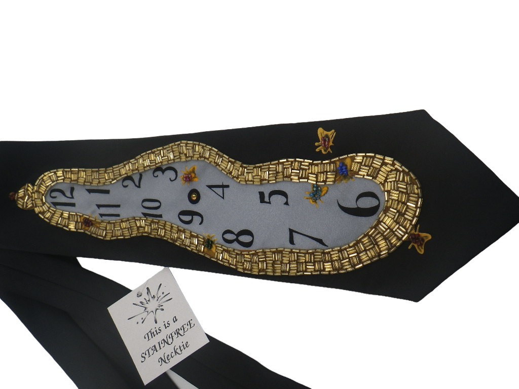Black Silk Necktie with Gold Melting Clock & Flies, Salvador Dali style ...
